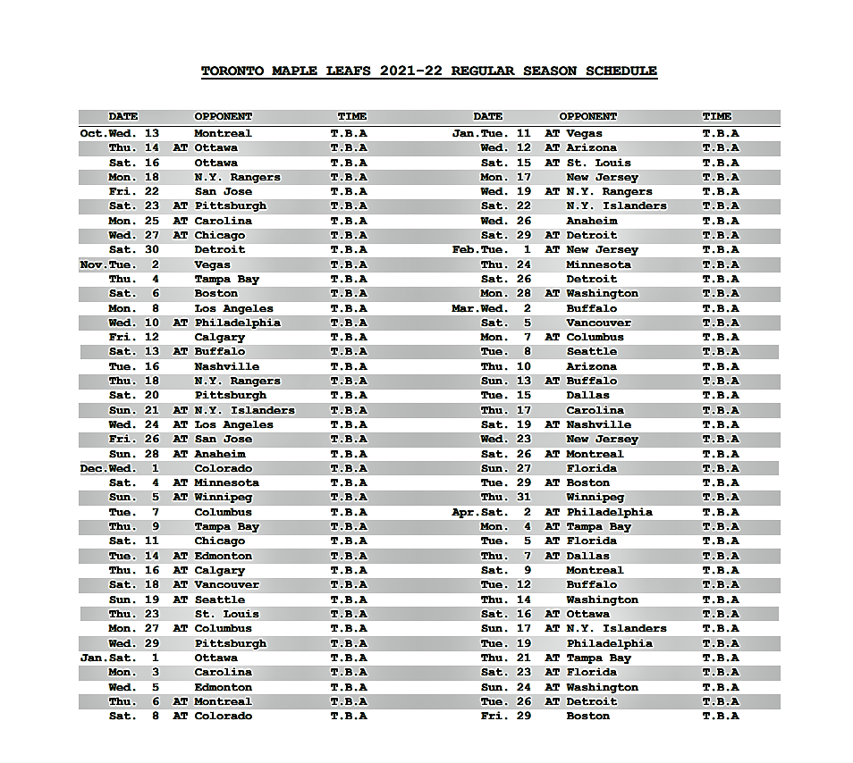 MAPLE LEAFS ANNOUNCE 2021-22 SCHEDULE – The view from left field